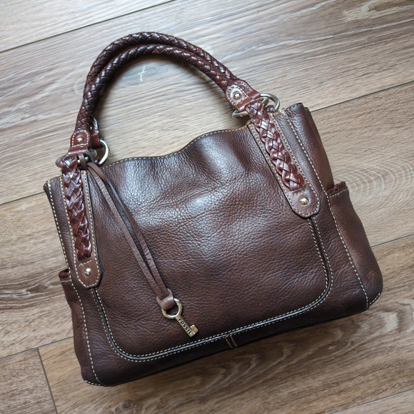 Fossil | Bags | Fossil Chocolate Brown Woven Handle Satchel Purse Bag ...